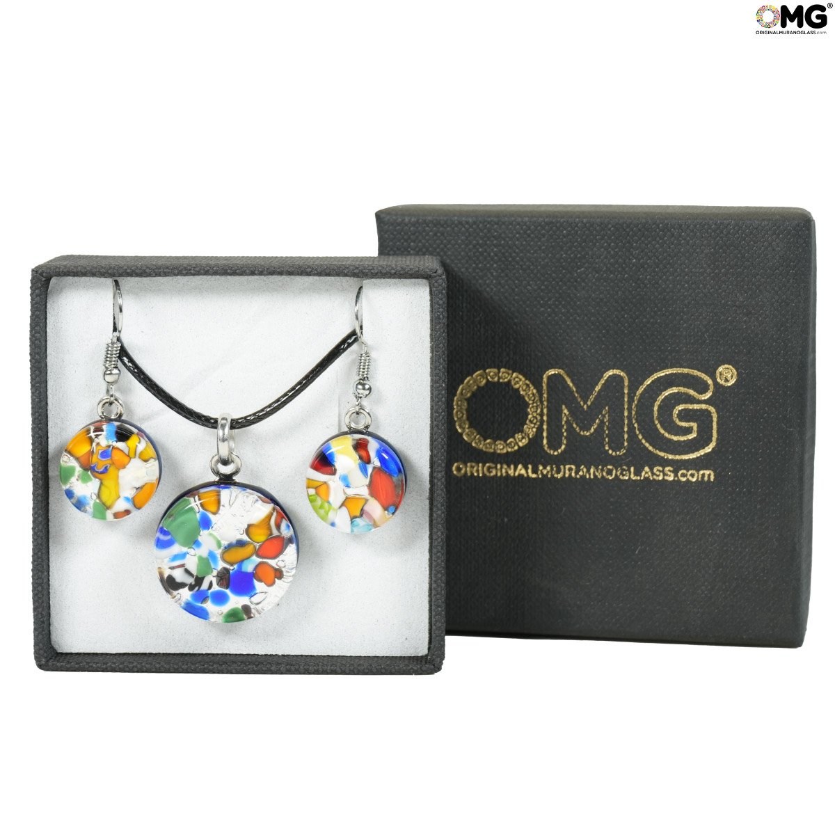 Parure Tono Round Multicolor And Silver Original Murano Glass Omg